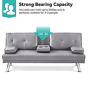 AWQM Faux Leather Futon Sofa Bed Upholstered Modern Convertible Sofa Bed Small Couch Bed Adjustable Couch Sleeper for Compact Living Space, Removable Armrests, Metal Legs, 2 Cupholders, Light Grey