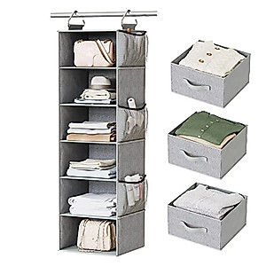 Pipishell Hanging Closet Organizer 6-Shelf, Hanging Shelves for Closet with 3 Removable Drawers & Side Pockets, Hanging Shelf Organizer for Bedroom or Garment Rack, 12'' x 12'' x 43.3'', Dark Gray