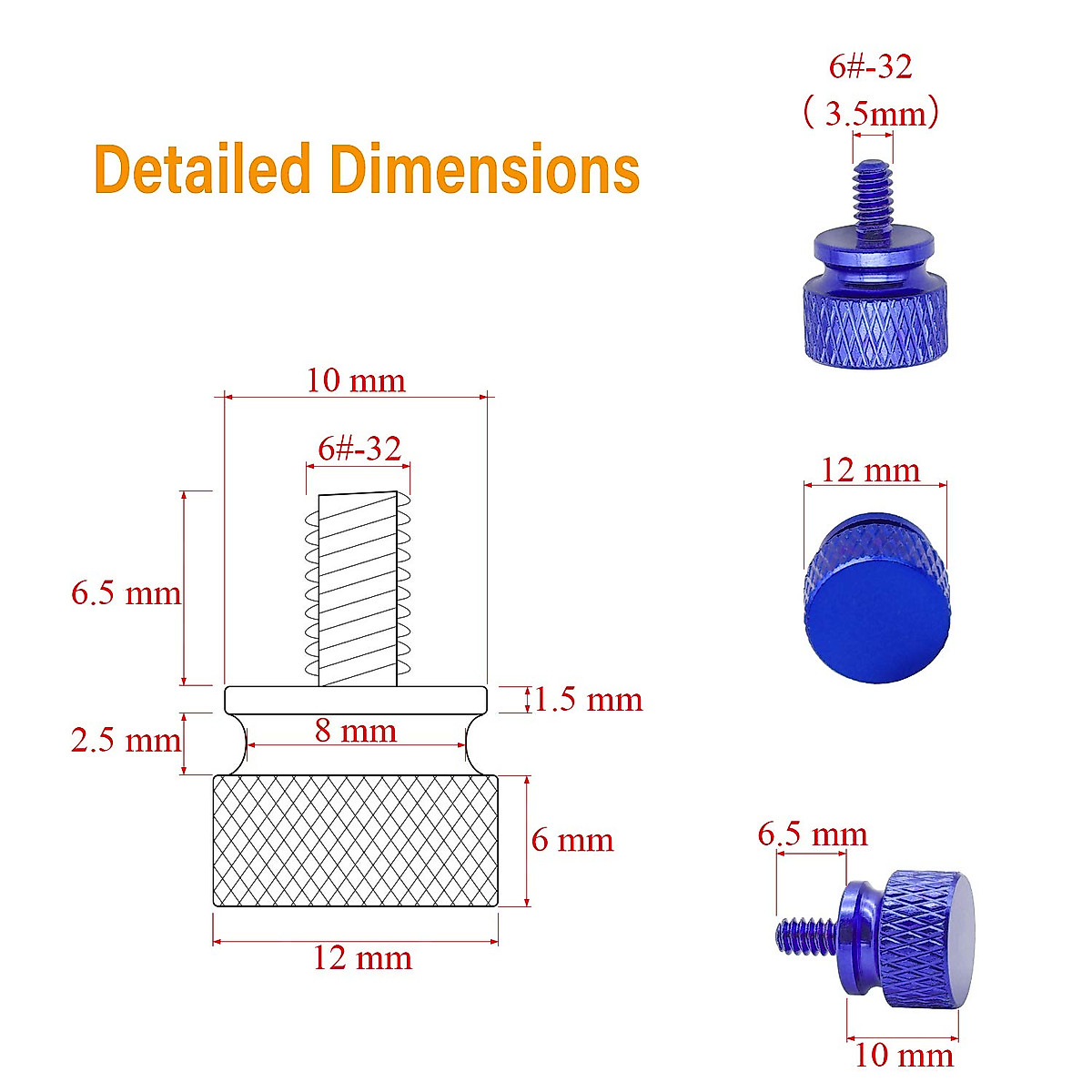Powlankou 20 Pieces 6#-32 Computer Case Screws, Anodized Aluminum Thumbscrews, Fully Threaded Knurled Thumbscrews, Thumb Screws (Blue)