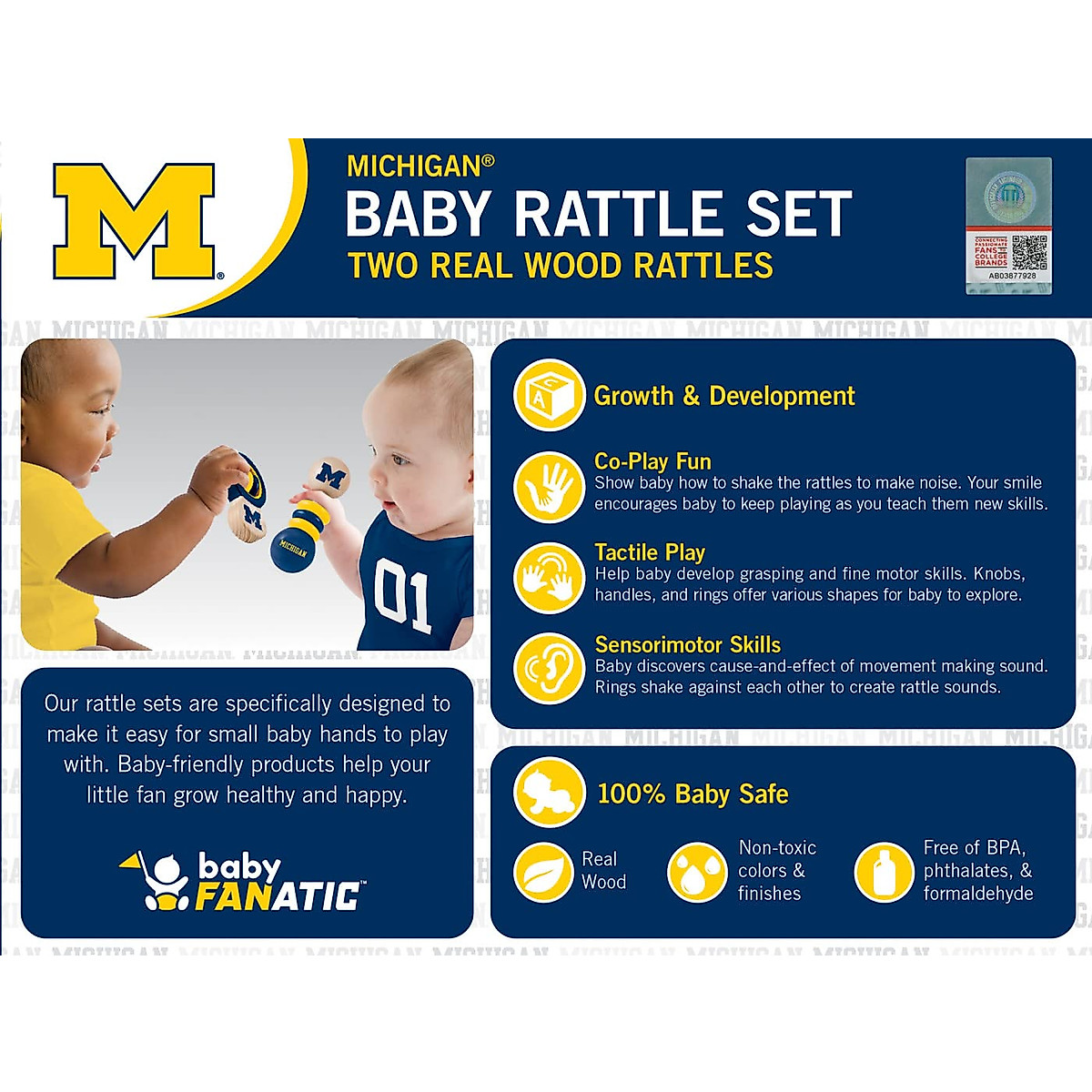 BabyFanatic Wood Rattle 2 Pack - NCAA Michigan Wolverines - Officially Licensed Baby Toy Set