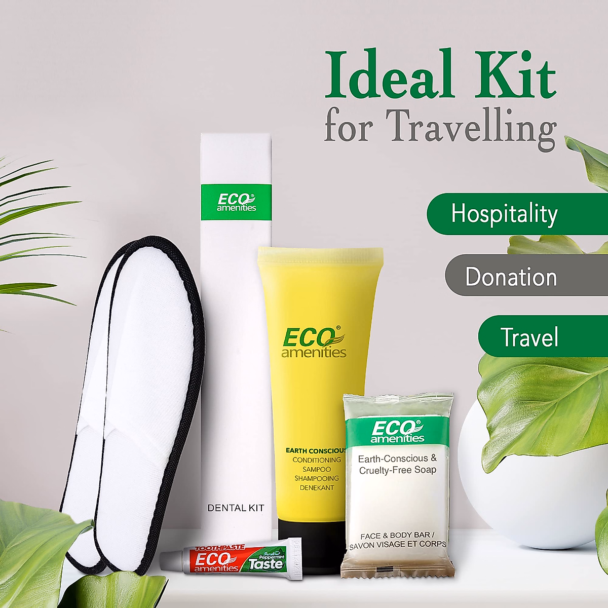 ECO Amenities 140 PIECE Bulk Hotel Toiletries Set - 30ml Conditioning Shampoo, 14g Bar Soap, Boxed Toothbrush and Toothpaste (40 each), Closed Toe Slippers (20 pairs) for Travel, Hotels, AirBnB Guests