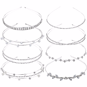 Lawie 8 Pack Sparkly Rhinestone Pearl Silver Metal Headbands,Double Slim Skinny Wire Hair Bands,Decorative Cross Hair Bands Accessories,Crown Tiara Hair Holder Fancy Hairbands for Women Girls