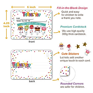 Gooji Kid’s Thank You Cards, 25 Pc. Postcards Set, Double-Sided Custom Cardstock with Fill in the Blank Messages for Birthday Party, Event, or Holiday Use, Stickers Included (Party Treats)