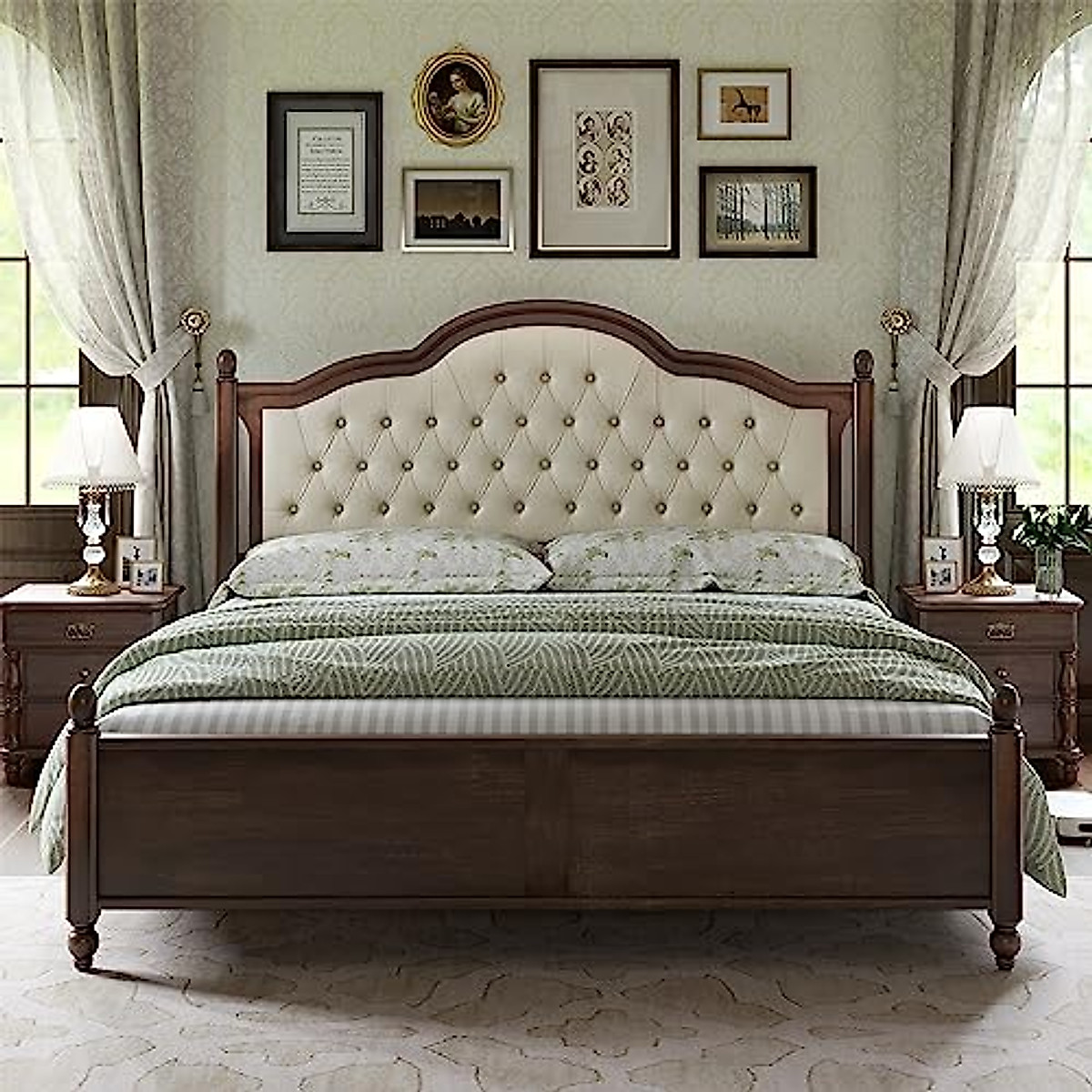 AMERLIFE Solid Wood Bed Frame Queen Size, Transitional Platform Bed with 52.5" Upholstered Tufted Headboard, Rubberwood/Roman Column Accents/Wood Slat Support/No Box Spring Needed