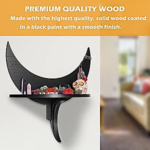 CEFRECO Floating Moon Shelf - Wooden Crystal Display Shelf - Crystal Holder for Stones and Essential Oils - Black Hanging Crescent Moon Phrase Shelf for Crystals- Witchy Gifts for Women