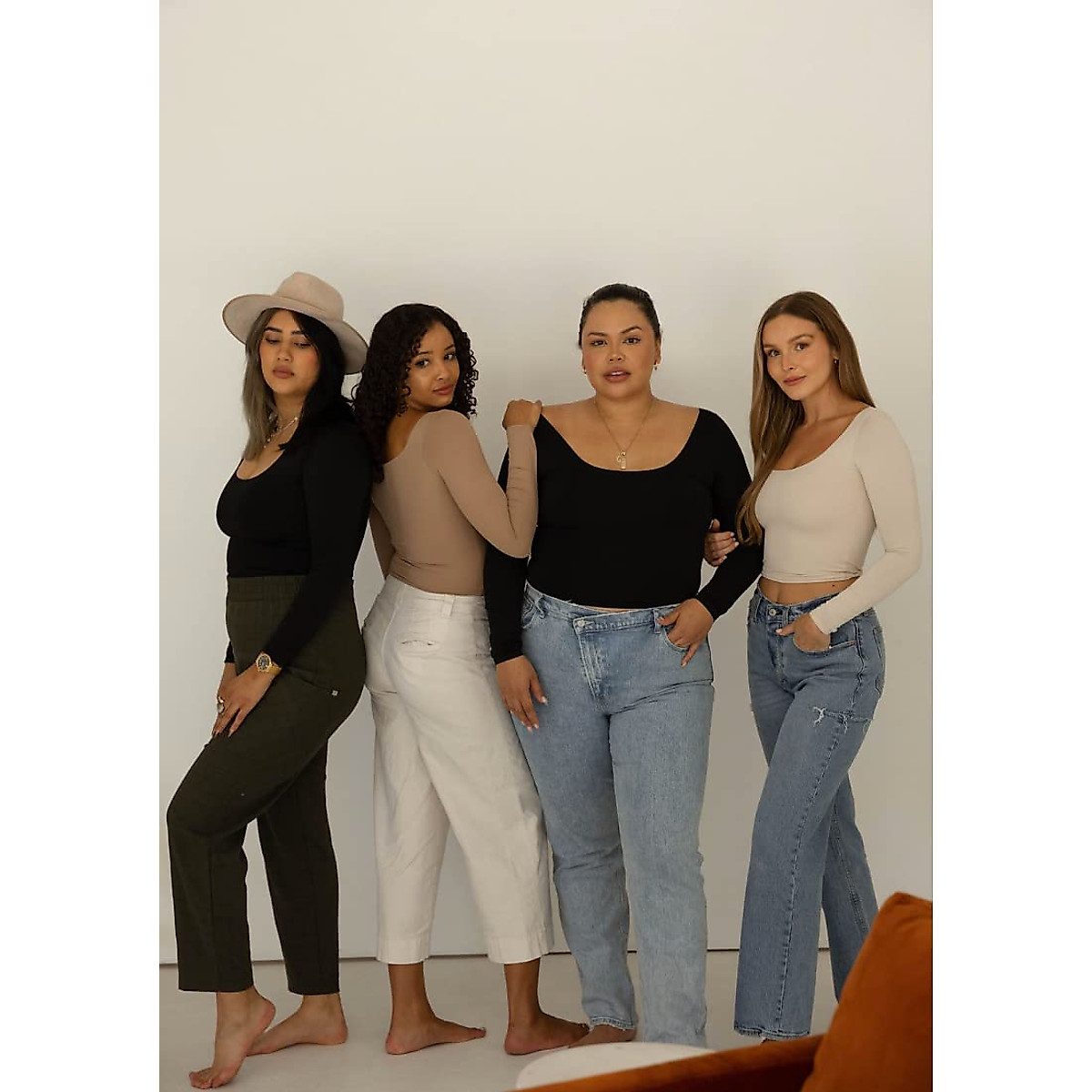 Almere Long Sleeve Top for Women, Contour Double-Lined Seamless Smooth Fabric Sleeved Basic Top, Low Neck Cut, Medium, Cream