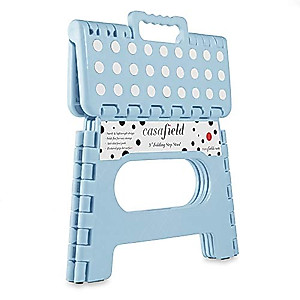 Casafield 9" Folding Step Stool with Handle, Blue - Portable Collapsible Small Plastic Foot Stool for Kids and Adults - Use in The Kitchen, Bathroom and Bedroom