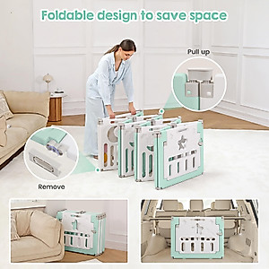 Baby Playpen, Dripex Foldable Playpen for Babies and Toddlers, Custom Shape Baby Fence, Safety Play Yard with Gate, Portable Play Area for Indoor or Outdoor, Light Green White, 14 Panel