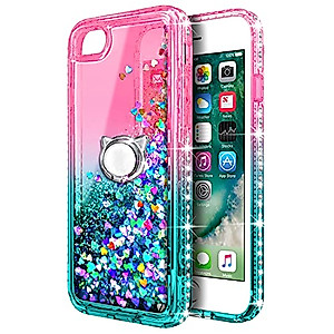 NGB Compatible for iPhone 8 Plus Case, iPhone 7 Plus /6 Plus /6S Plus with Tempered Glass Screen Protector, Ring Holder, Girls Women Kids Liquid Bling Sparkle Glitter Cute Case (Pink/Aqua)