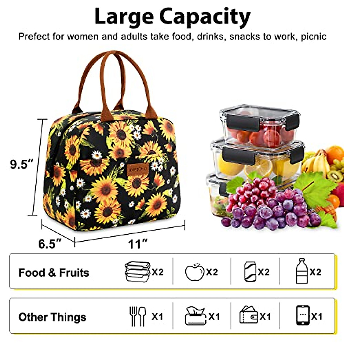 Idle Hippo Lunch Bags for Women Insulated Lunch Box Cooler Tote Bag with Front Pocket Reusable Lunch Bag for Men Adults Girls Work Hiking Picnic - Sunflower