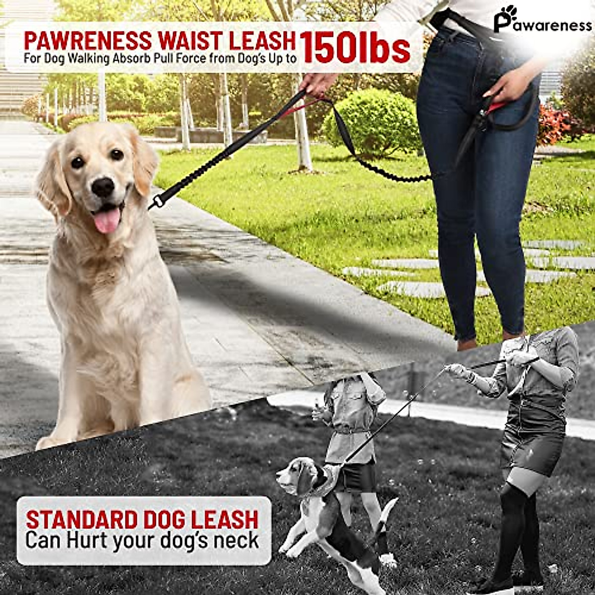 Hands Free Dog Leash for Medium and Large Dogs with Large Zipper Pouch - Adjustable Length 3mm Thick Double Bungee Leash, 2 Padded Handles Heavy Duty Leash (Red, 27-38 inches Waist)