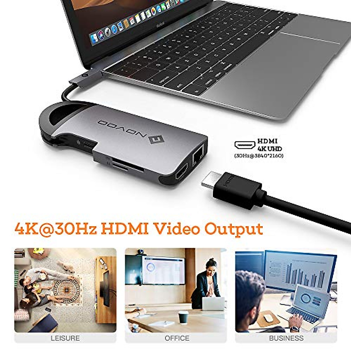 NOVOO USB C Hub 8 in 1 with Hidden Cable Multiport Adapter with 4K HDMI 100W PD Charging Ethernet 3*USB 3.0 SD/TF Card Reader, USB C to HDMI Adapter for Thunderbolt Laptops Phones and Tablets