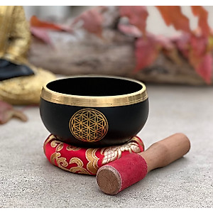 Tibetan Flower Of Life Singing Bowl Mallet Cushion Set ~ For Meditation, Yoga, Spiritual Healing and Mindfulness ~ Medium (Black)