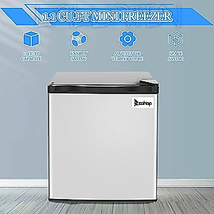 Mini Freezer Upright 1.1CU.FT Small Freezer Upright -8°F ~7°F Temperature Mini Deep Freezer Stainless Steel Upright Freezer Reversible Single Door Vertical Freezer for Home RVs Dorms Apartment Office