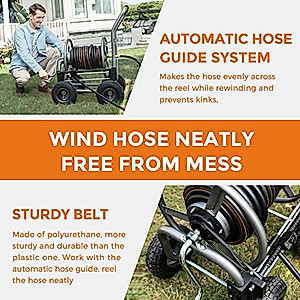 Giraffe Tools Industrial Hose Reel Cart, Heavy Duty Hose Reel with 4 Solid Wheels, Slide Hose Guide System, Holds 250-Feet of 5/8" Hose Capacity for Outside Garden & Yard