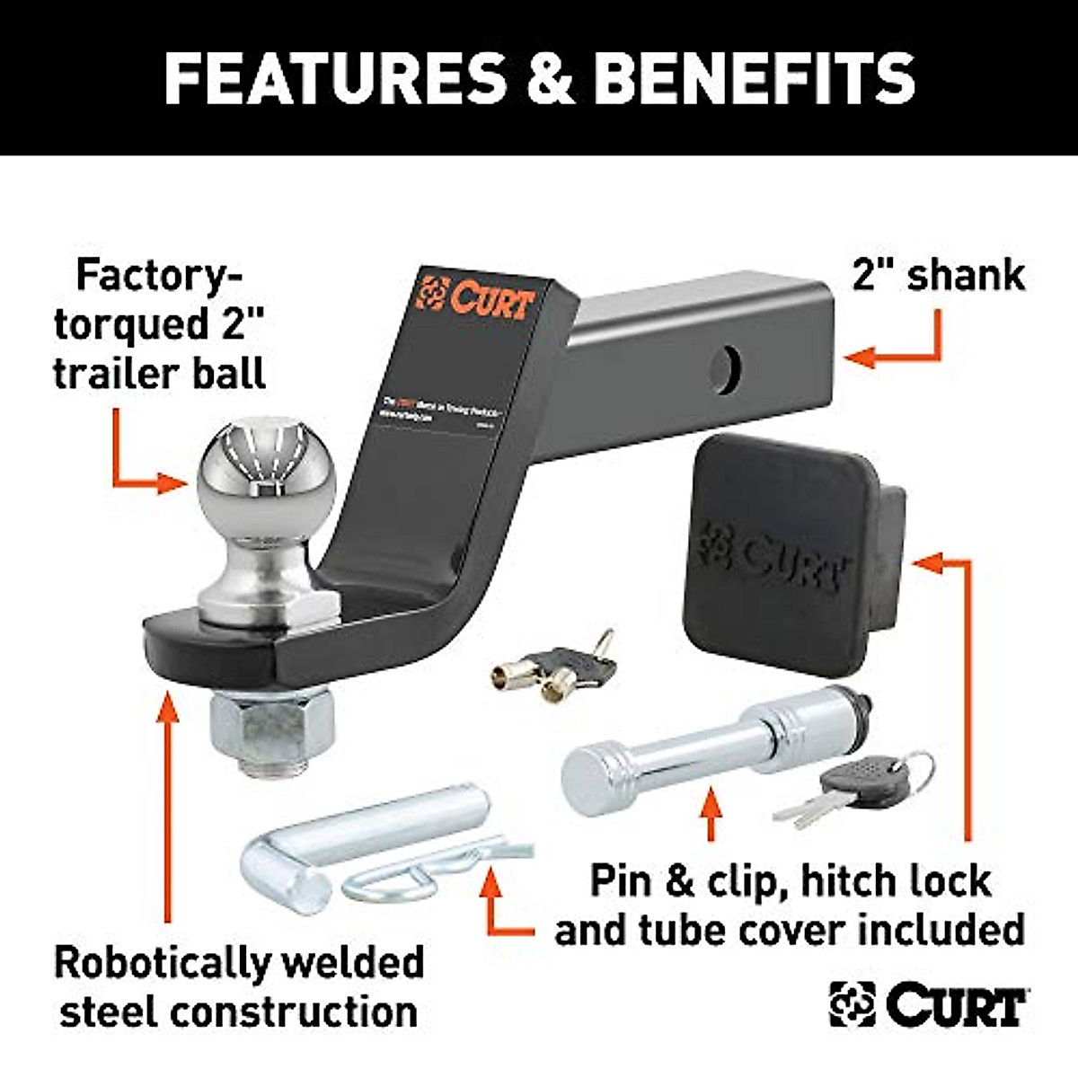 CURT 45554 Trailer Hitch Mount, 2-Inch Ball, Lock, Fits 2-In Receiver, 7,500 lbs, 4" Drop, Cap , black