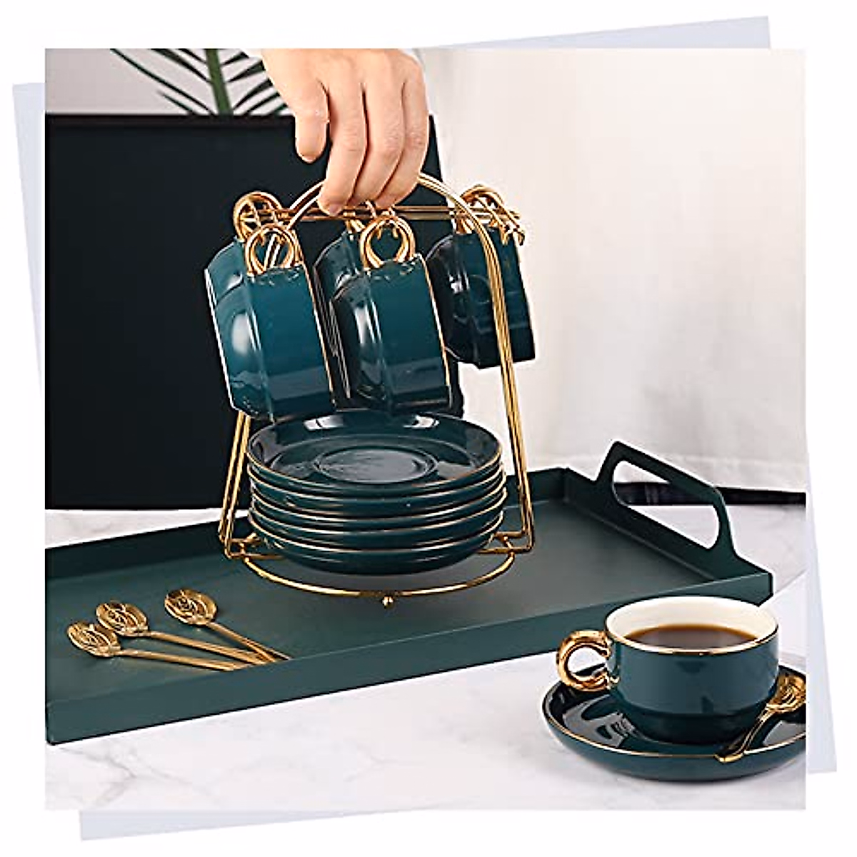 YY YEARCHY Coffee Mug Holder, Espresso Cups Holder Cup Drying Rack Cups Drainer Stand Metal Mug Tree Cups Organizer with 6 Hook Hangers for Kitchen Counter and Tea Party(Gold)