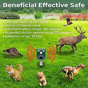 Newest Fall and Winter 2024/5 Solar Animal Repellent Motion Activated with Flashing LED Lights, USB Cable and Alarm - Raccoon Repellent Deer Dog Birds Fox Rats Cat Animal Repeller Ultrasonic Outdoor
