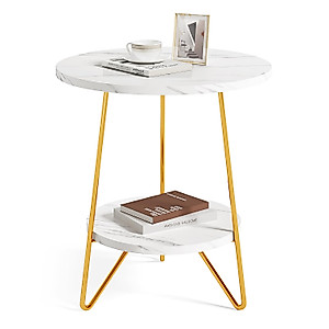 LITTLE TREE 2 Tier Faux Marble End Table Round Side Table with Shelves Small Coffee Accent Table for Living Room, White and Gold