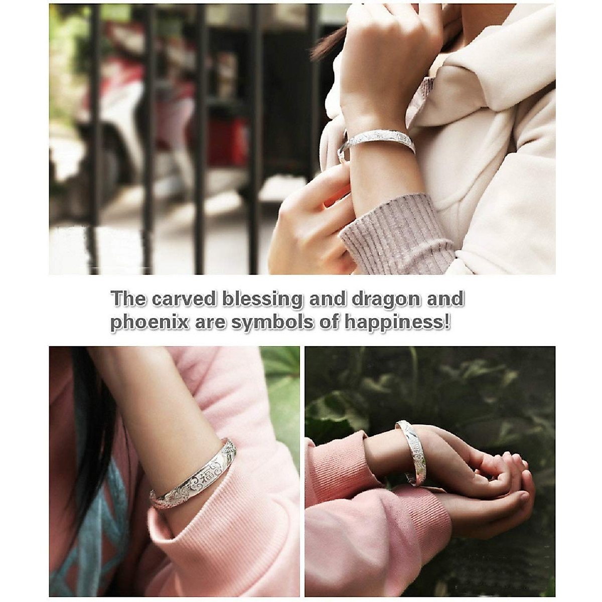 ABIRTE Women's 999 Solid Sterling Silver Chinese Dragon Phoenix Carved Adjustable Bangle Bracelet 15g Weight for Women,Ladies and Elder.