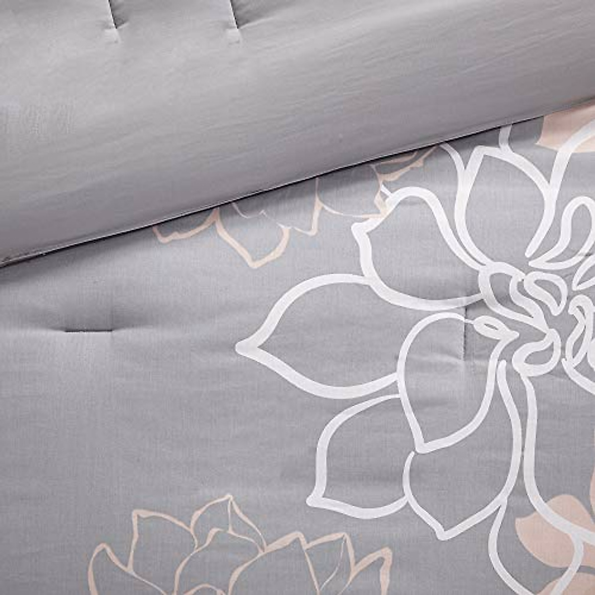 Madison Park Lola Sateen Cotton Comforter Set-Casual Medallion Floral Design All Season Down Alternative Bedding, Shams, Bedskirt, Decorative Pillows, Queen, Grey/Blush 7 Piece