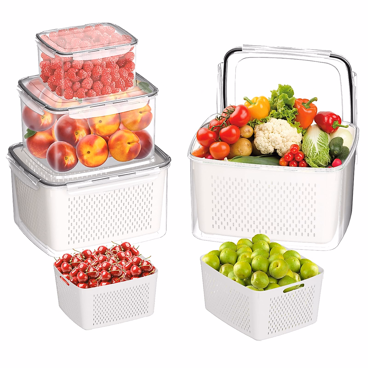 Fruit Storage Containers for Fridge - 4 PCS Poduce Containers for Fridge - Berry Containers for Fridge with Removable Drain Basket - Keep Fruit Lettuce Berry Vegetables Meat Food Stay Fresher Longer