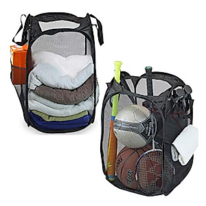 2 Pack - SimpleHouseware Mesh Pop-Up Laundry Hamper Basket with Side Pocket, Black