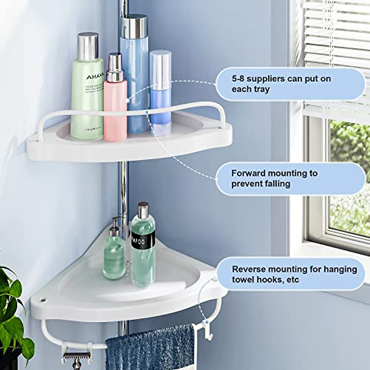 Corner Shower Caddy Tension Pole: Rust Proof 4Tier Shampoo Storage Organizer for Inside Shower - Telescoping Rod Shower Rack for Bathroom and Bathtub - Restroom Floor Standing Bath Rack Holder