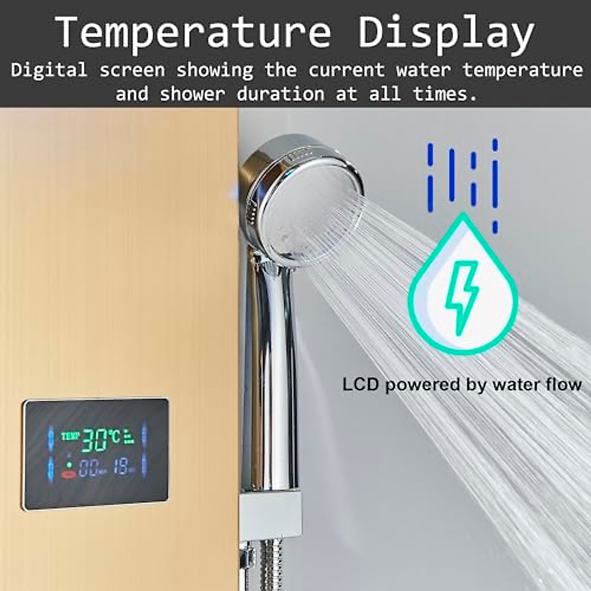 FCOTEEU Brushed Gold Shower Panel with Rainfall Waterfall Shower Head, 6 Adjustable Body Massage Jets Handheld Temperature Dispaly, Wall Mounted Stainless Steel Shower Column Tower
