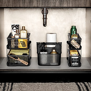 madesmart 2-Tier Plastic Multipurpose Organizer with Divided Slide-Out Storage Bins, Compact Under Sink and Cabinet Organizer Rack, Smoke