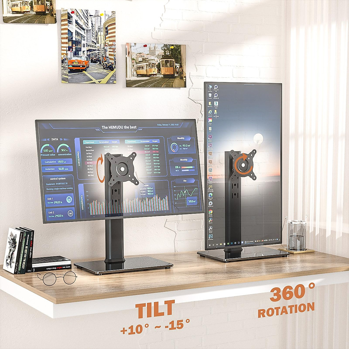 2 Pack Single LCD Computer Monitor Free-Standing Desk Stand Riser for 13 inch to 32 inch Screen with Swivel, Height Adjustable, Rotation, Holds One (1) Screen up to 77Lbs(HT05B-201)