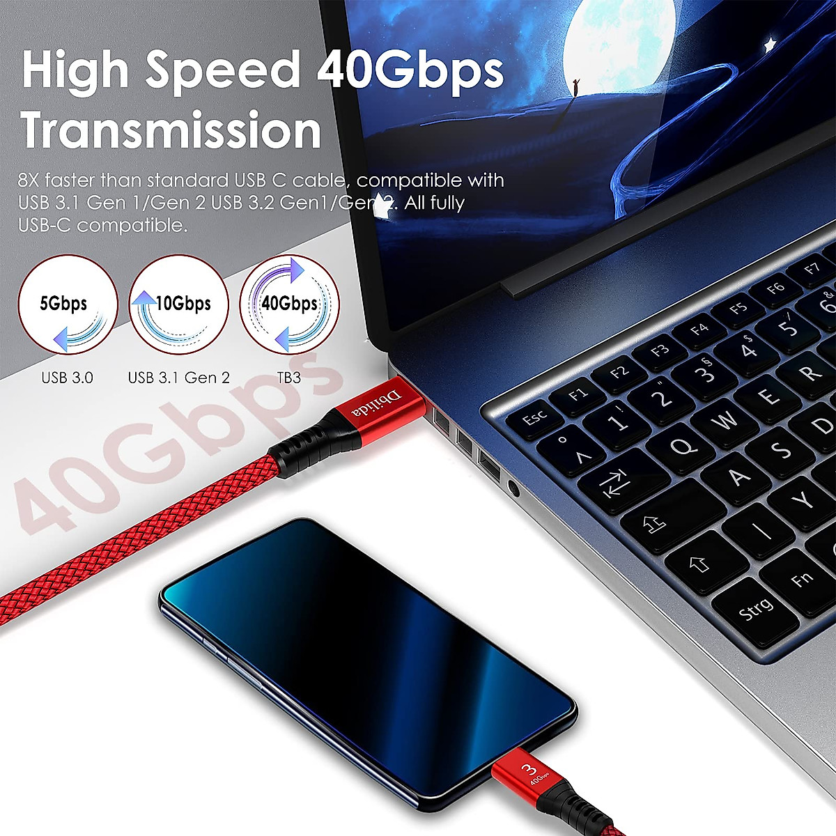 Dbilida 240W for Thunderbolt 3 Cable 40Gbps 6.6 ft, USB C Cable with PD 3.1, Single 8K/5K@60Hz, 4K 144Hz Dual 4K for iPhone 15/Plus/Pro/Pro Max, eGpu,MacBook Pro, Docking, Hub, SSD