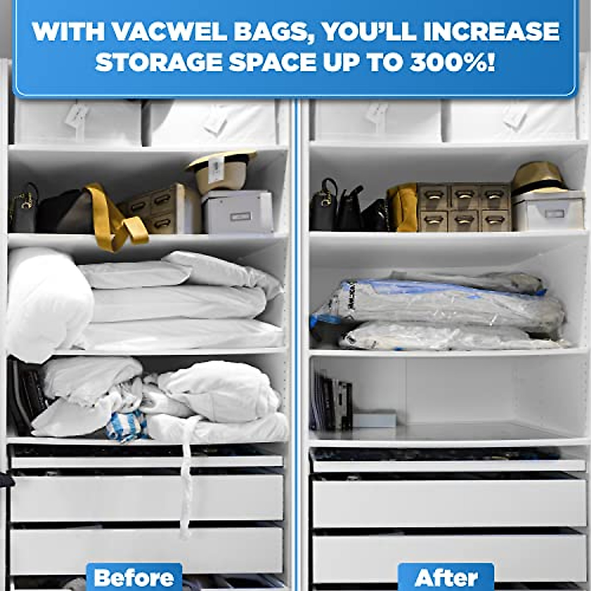 Vacwel Vacuum Storage Bags for Clothes, Quilts, Pillows, Space Saver Size - Extra Strong Vacuum Seal Bags - 6x Pack Jumbo (43x30in)