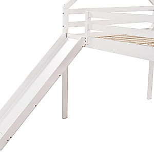 HYC Full Size Loft Bed with Slide, Wood Loft Bed Full with Playhouse Design, Kids House Loft Bed Frame for Boys Girls,White