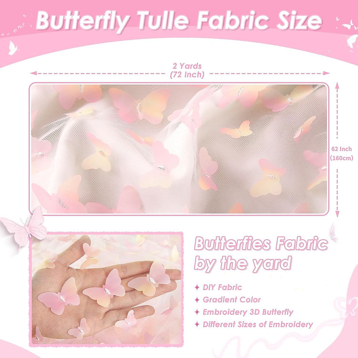 Rainbow Pink Tulle Fabric Rolls: 2 Yards 3D Butterfly Embroidery Fabric - DIY Cloth for Birthday Party Decorations Wedding Bridal Shower Baby Shower