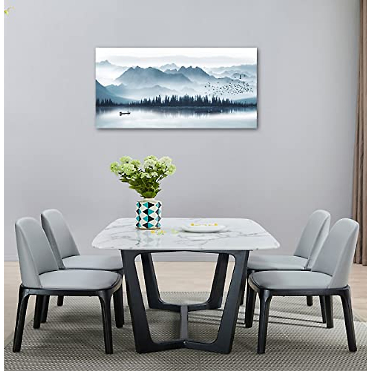 arteWOODS Indigo Canvas Wall Art Misty Mountain Wall Pictures Foggy Lake Boat Canvas Painting Grey Blue Forest Birds Canvas Wall Decor for Living Room Wall Decorations 20" x 40"