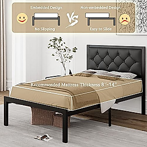 iPormis Twin Size Metal Bed Frame with Faux Leather Button Tufted Headboard, 12" Underbed Storage, Steel Slats Support, Noise Free, Easy Assembly, No Box Spring Needed, Black