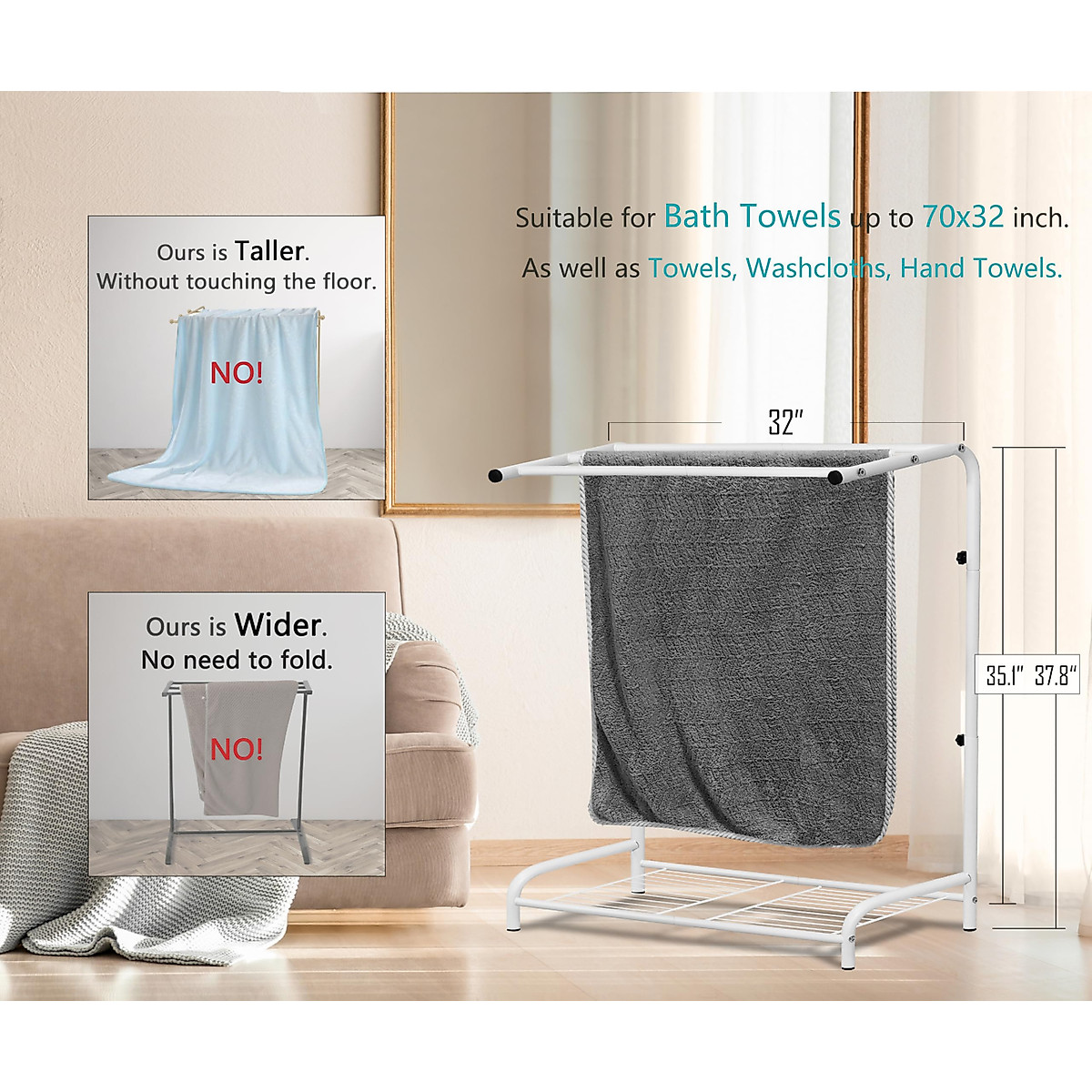 VSUINGO Freestanding Towel Rack, 32" L x 37.8" H for Oversized Bath Towels, Hand Towels Stand, Adjustable Height, 3-Tier Clothes Drying Holder with Storage Shelf for Bathroom, Aisle, Pool (White)