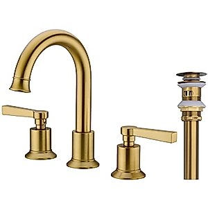 TRUSTMI 2 Handle 8 Inch Widespread Bathroom Faucet Brass Lavatory Vanity Sink Faucet with Metal Overflow Pop Up Drain and cUPC Water Supply Lines, Brushed Brass Gold