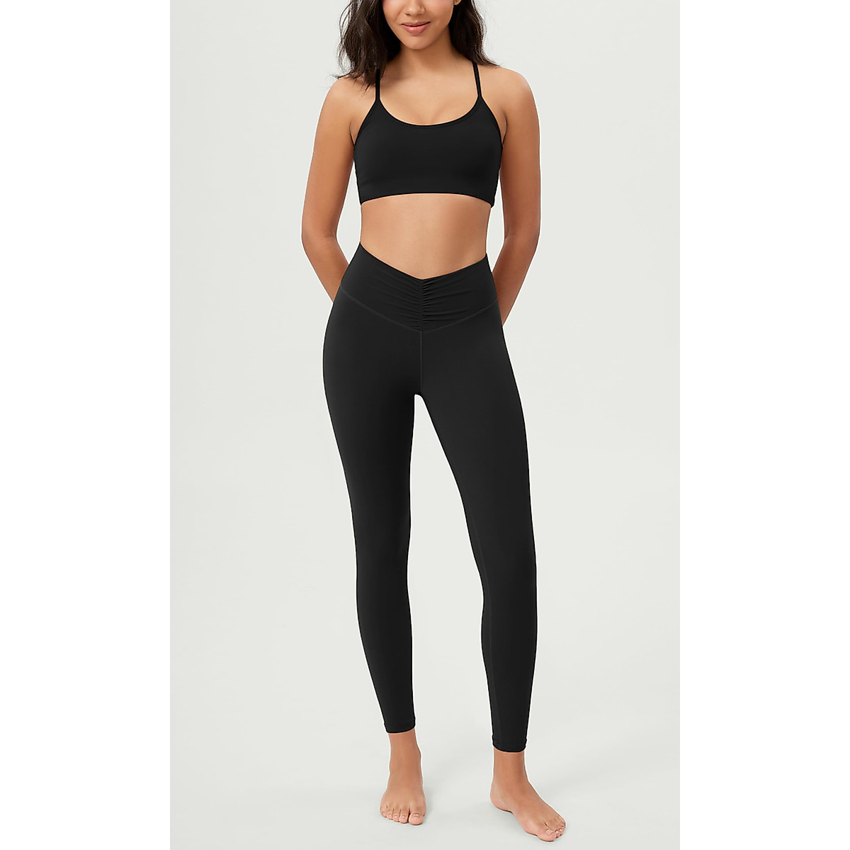 ODODOS Cloud Feeling Ruched Yoga Leggings for Women 7/8 Length High Waist Crossover Yoga Pants, Black, X-Small