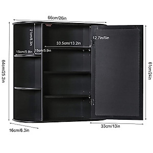 Iwell Bathroom Medicine Cabinet with Mirror, Bathroom Wall Cabinet with 2 Adjustable Shelves & 6 Open Shelves, Bathroom Cabinet Wall Mounted, Over The Toilet Space Saver Storage Cabinet, Black