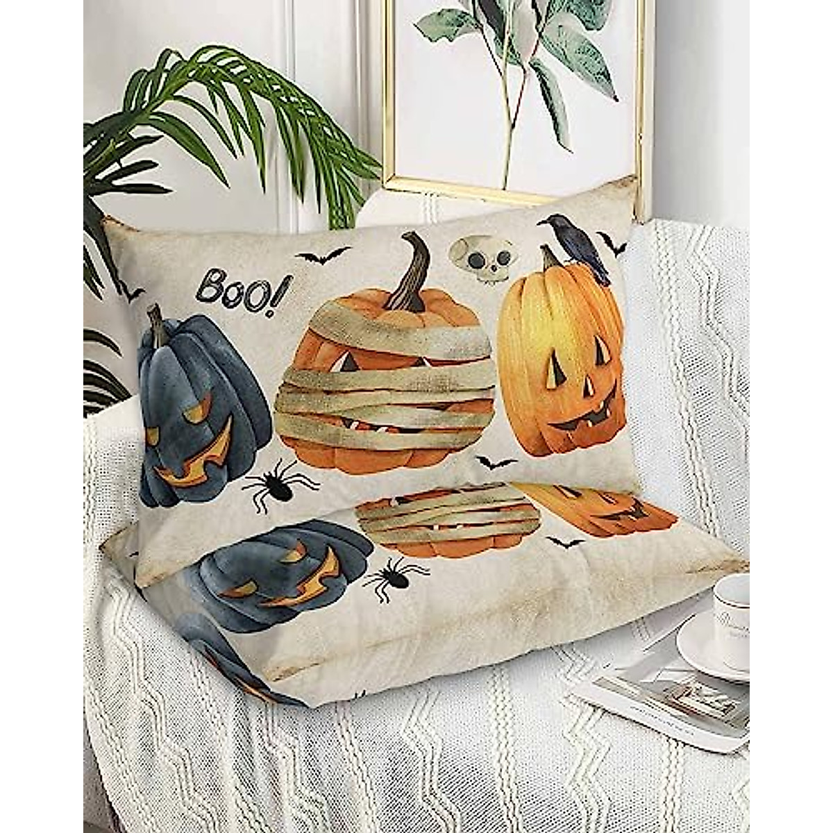 Edwiinsa Halloween Pillow Covers Standard Size Set of 2 Bed Pillow, Horror Orange Grey Pumpkin Bat Farmhouse Plush Soft Comfort for Hair/Skin Cooling Pillowcases with Envelop Closure 20''x26''