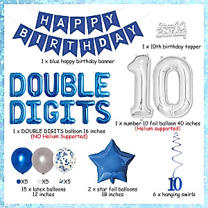 10th Birthday Decoration Blue for Boys Girl Double Digits 10th Birthday Balloon Banner Cake Topper Hanging Swirls for 10 Year Old Birthday Supplies