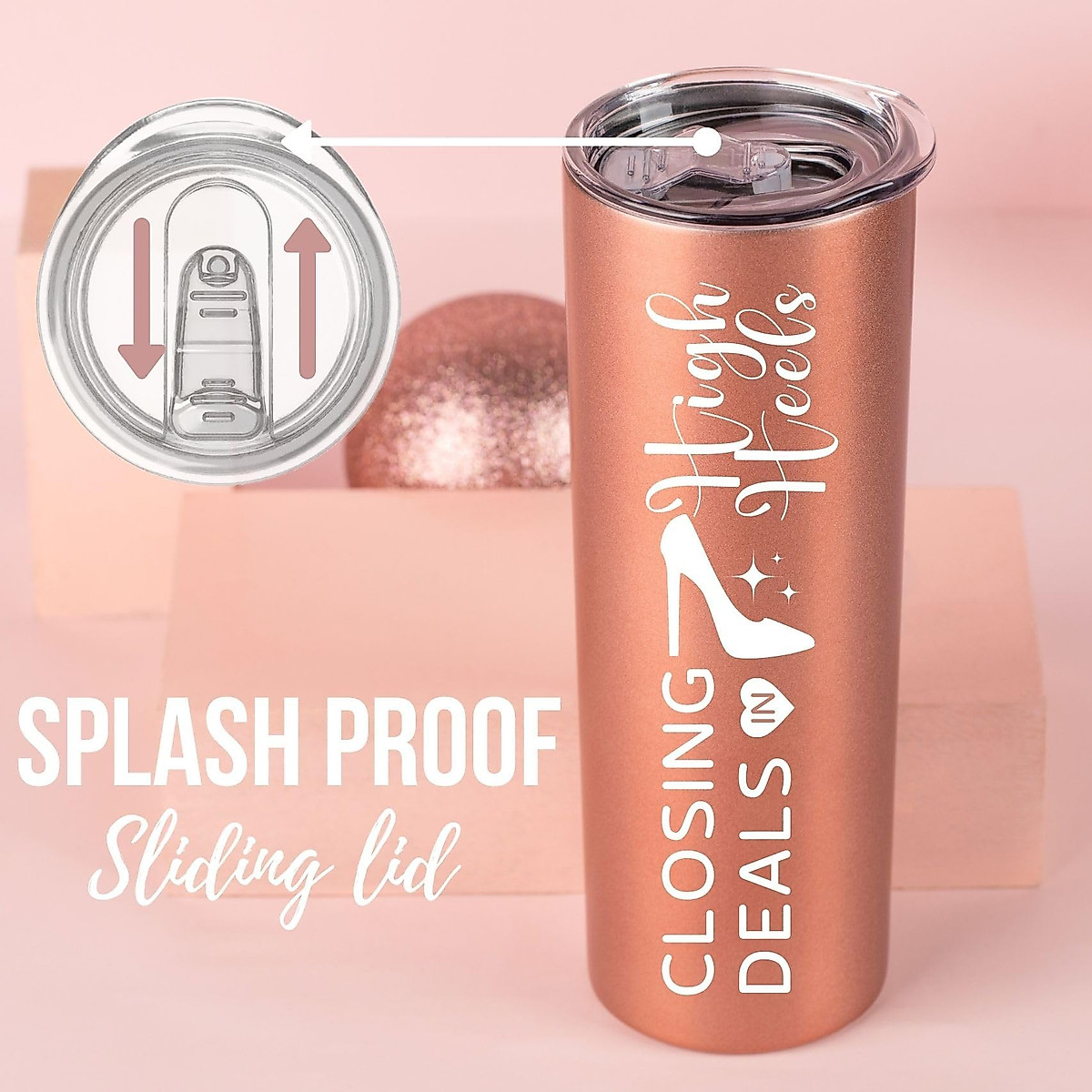 Onebttl Realtor Gifts for Women, Clossing Deals In High Heels, Funny Gifts for Real Estate Agent, Salesman, Boss, Coworkers, Employees, 20 Oz Stainless Steel Tumbler, Rose Gold