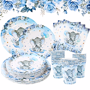 Boy Elephant Baby Shower Decorations Plates - Blue Elephant Plates Disposable Cups,Napkin with Blue flowers for 24 Elephant Theme Party Supplies,Baby Shower Wedding Birthday Party