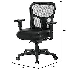 Office Star ProGrid Breathable High Back Manager's Chair with Leather and Mesh Seat, Adjustable Height and Arms, Dual Function Control, and 360 Degree Swivel, Black