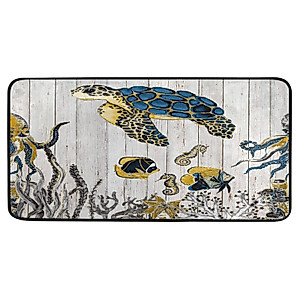 Sea Turtle Bathroom Area Rugs Fish Seahorses Octopus Coral on Wooden Bath Runner Floor Mat Washable Non-Slip Shower Carpet for Kitchen Living Room 39x20 inch