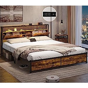 ADORNEVE Queen Bed Frame with Type-C & USB Charging Station, LED Bed Frame Queen Size with Storage Headboard, Metal Platform Bed with Headboard and LED Lights, No Box Spring Needed,Vintage Brown