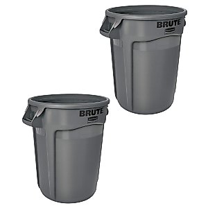 Rubbermaid Commercial Products BRUTE Heavy-Duty Round Trash/Garbage Can with Venting Channels - 32 Gallon - Gray (Pack of 2)