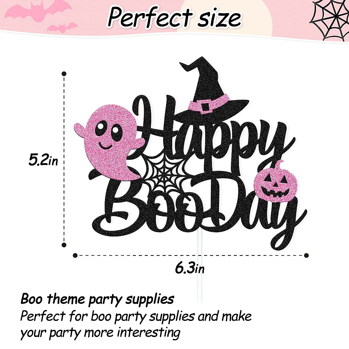 Happy Boo Day Cake Topper Pink and Black Halloween Cake Decoration Halloween Ghost Witches Bat Spider Pumpkin Theme for Kids Girl Birthday Baby Shower Party Supplies